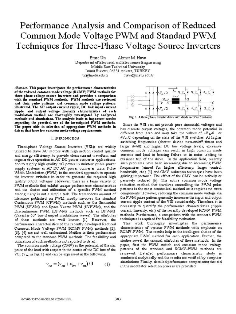 2006 Performance Analysis And Comparison Of Reduced Common Mode Voltage Pwm And Standard Pwm