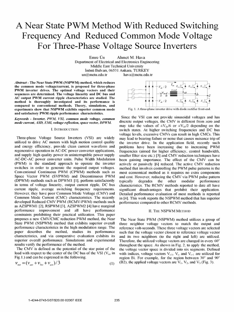 2007 A Near State Pwm Method With Reduced Switching Frequency And Reduced Common Mode Voltage