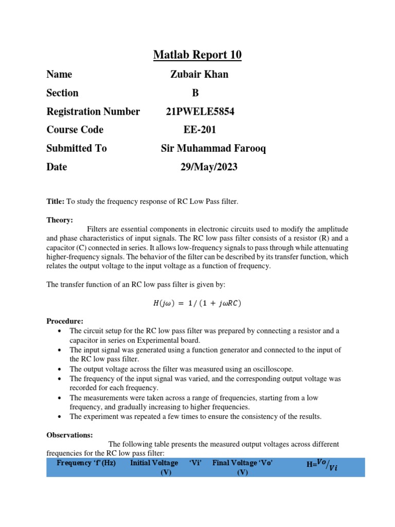 Matlab Report 10 | PDF | Electronic Filter | Low Pass Filter