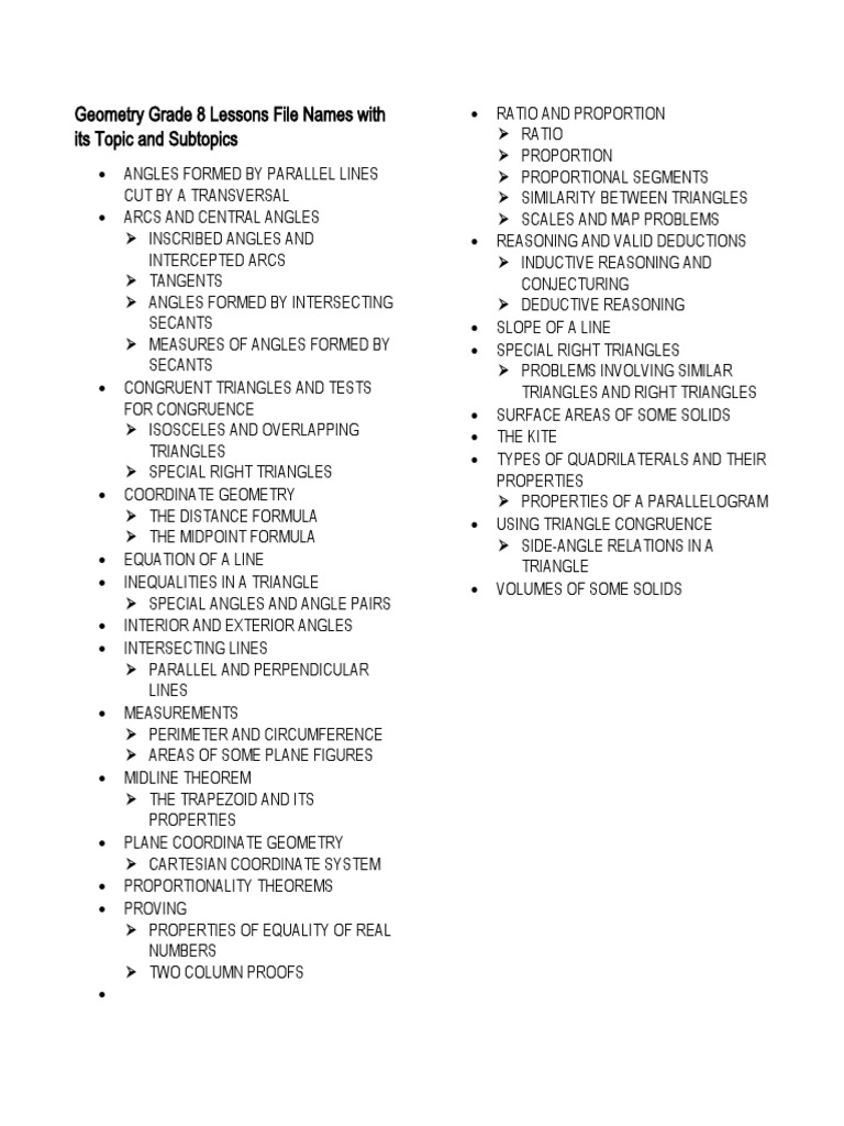 Geometry Grade 8 Lessons File Names With Its Topic and Subtopics | PDF Geometry Grade 8 Lessons File Names With Its Topic and Subtopics | PDF