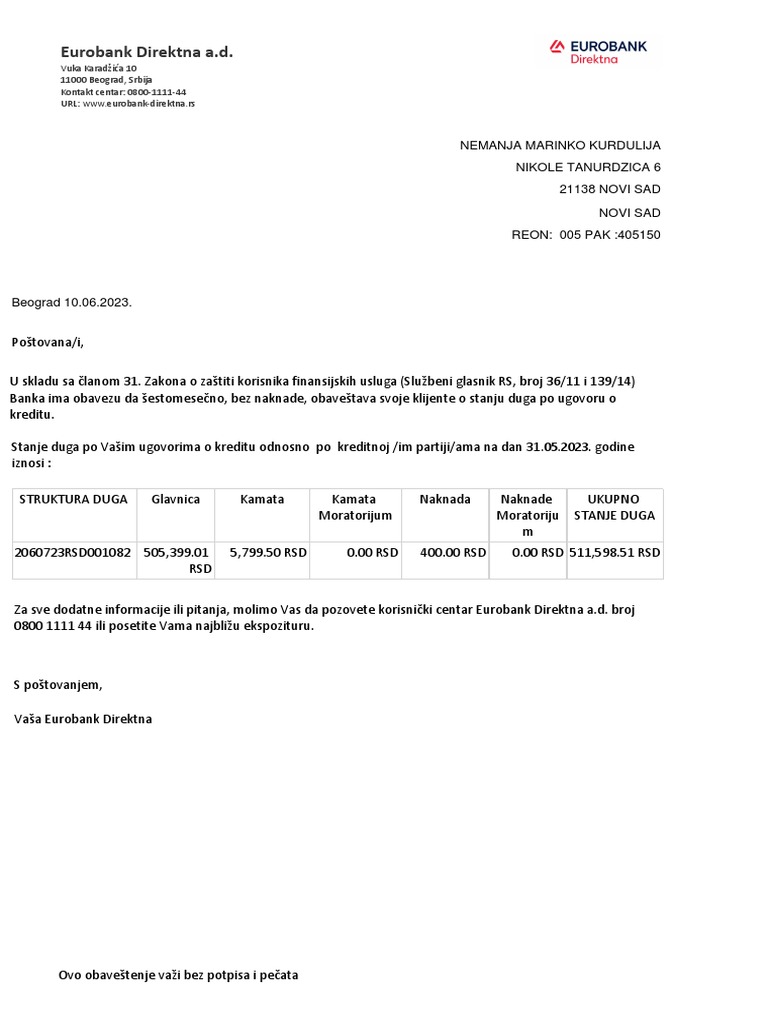 Eurobank Direktna A.d.: Nemanja Marinko Kurdulija Nikole Tanurdzica 6 ...