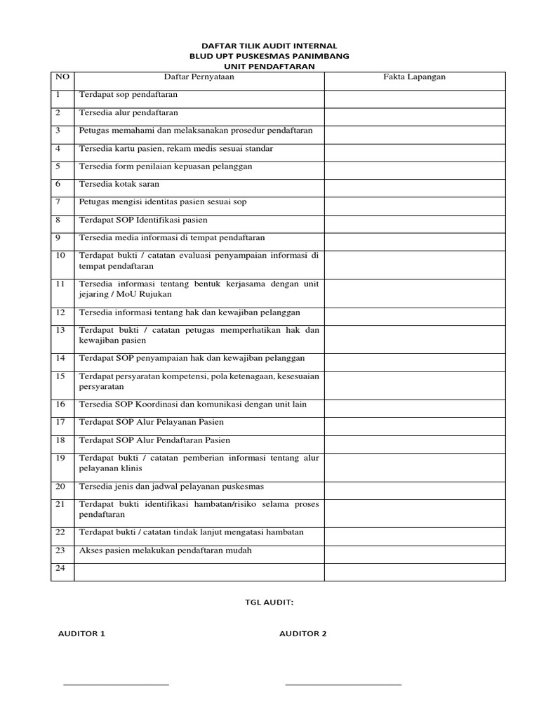 Daftar Tilik Audit Internal PKM Panimbang | PDF