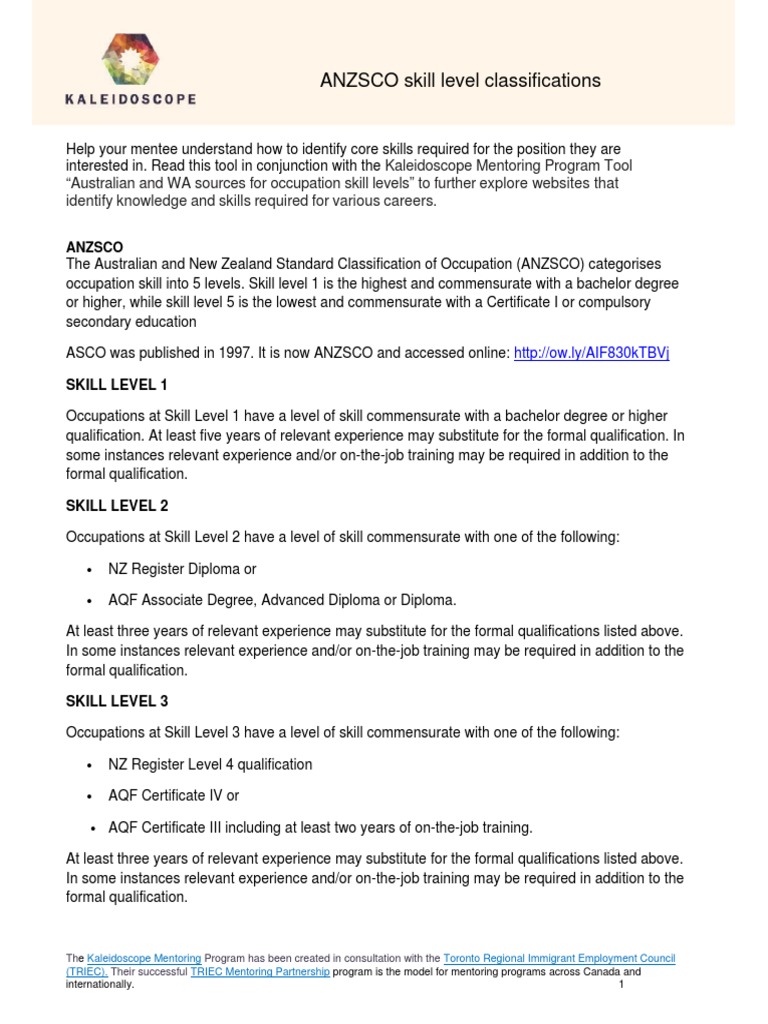ANZSCO Skill Level Classifications 1 | PDF | Qualifications ...