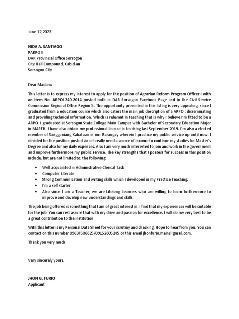 Application Letter ARPOI - Jhon Furio | PDF