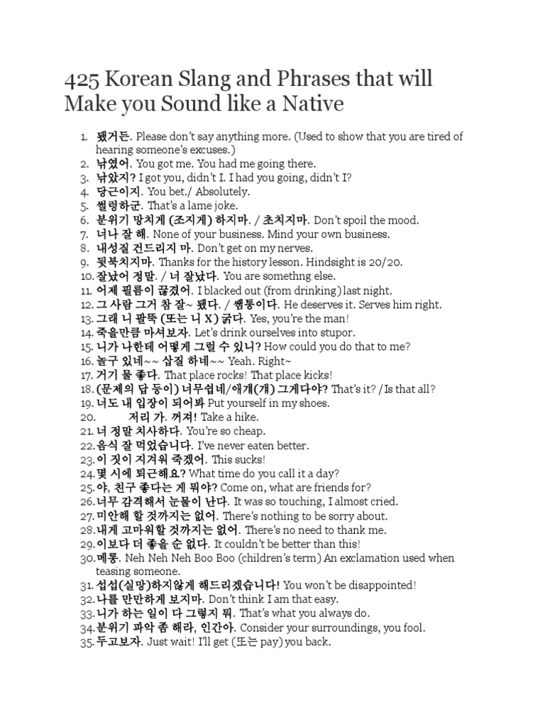 425 Korean Slang and Phrases that will Make you Sound like a Native | PDF