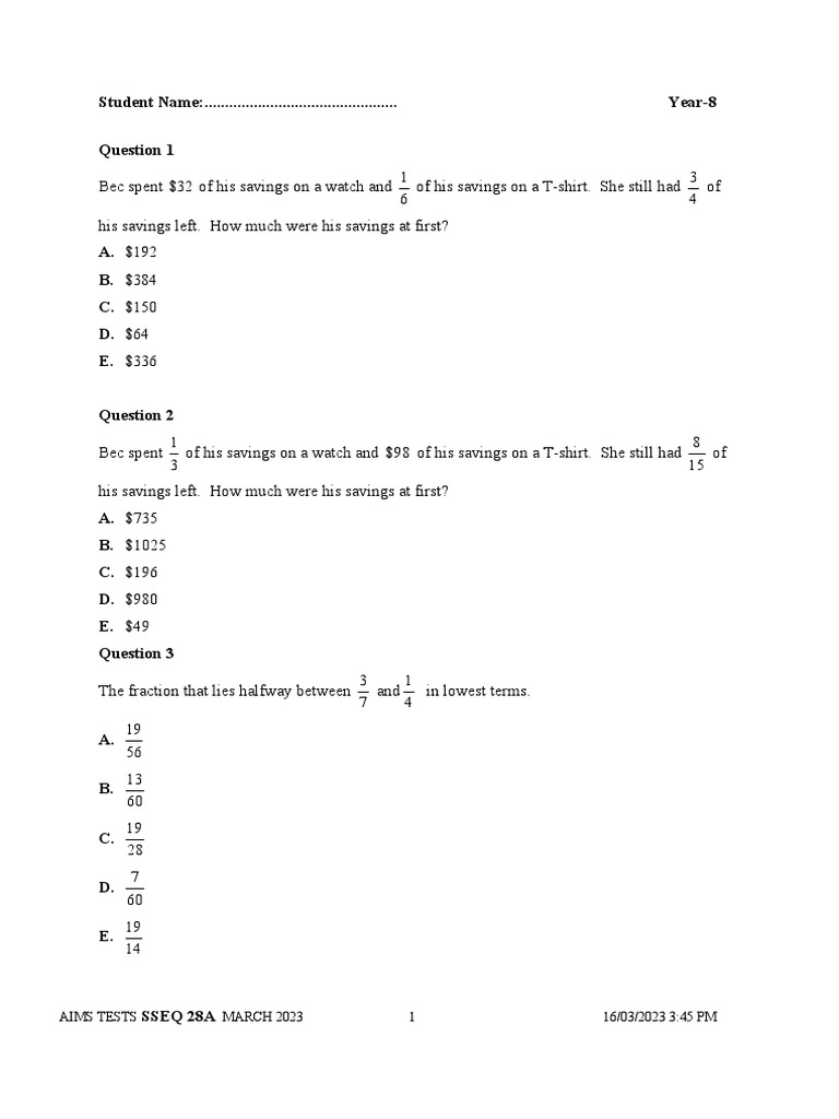 Test 28a Aims Sseq Mathematics March 2023 60 Questions | PDF | Area ...