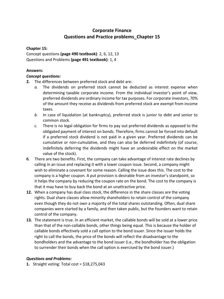 Corporate Finance - Exercise Chapter 15 | PDF | Preferred Stock | Bonds ...