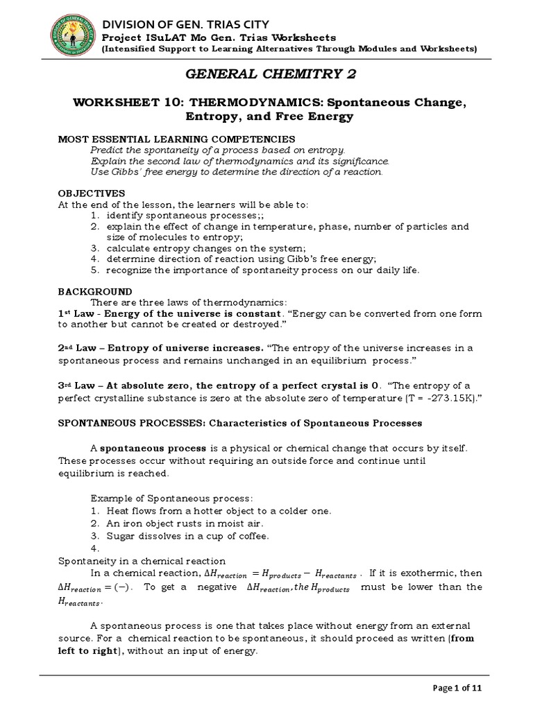 Q4 WEEK 1 Gen Chem 2 Worksheet 10 THERMODYNAMICS | PDF | Gibbs Free ...