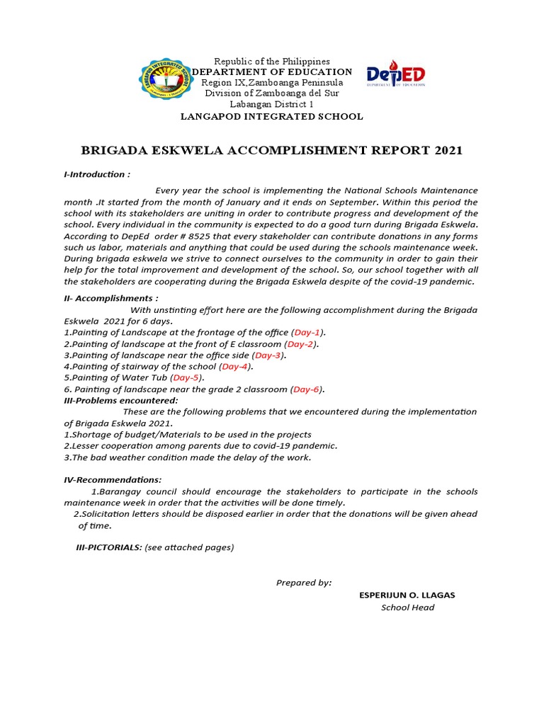 Brigada Eskwela 2021 Accomplishment Report | PDF