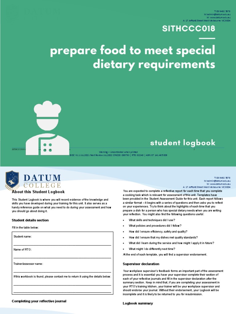 SITHCCC018 Student Logbook | PDF | Cooking