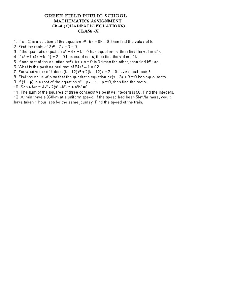 CH 4 Quadratic Equations Assignment (Maths) | PDF