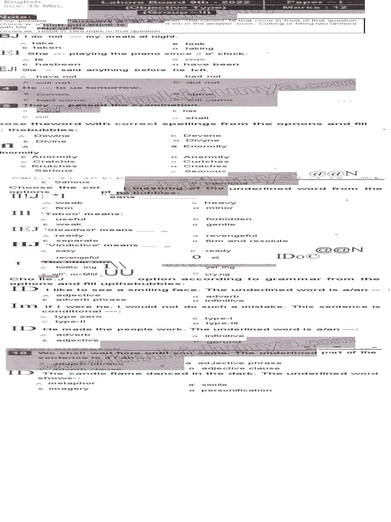 Past Paper 2022 Lahore Board 9th Class English Group Ii Objective Pdf