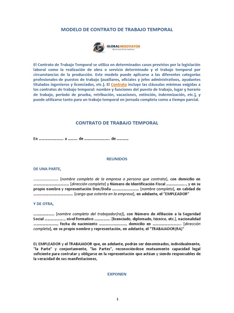 Modelo Contrato de Trabajo Temporal | PDF