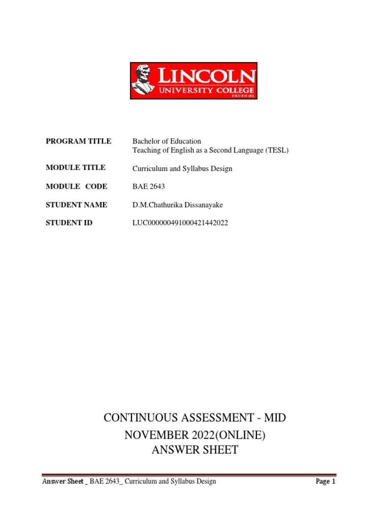 Answer Sheet - Curriculum and Syllabus Design | PDF | Curriculum | Learning