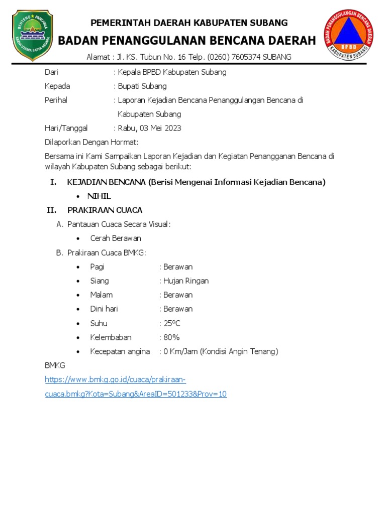 Laporan Bencana Hari Rabu 03 Mei 2023 | PDF