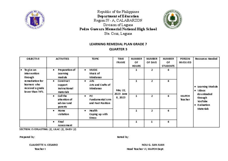 Learning Remedial Plan Q3 | PDF