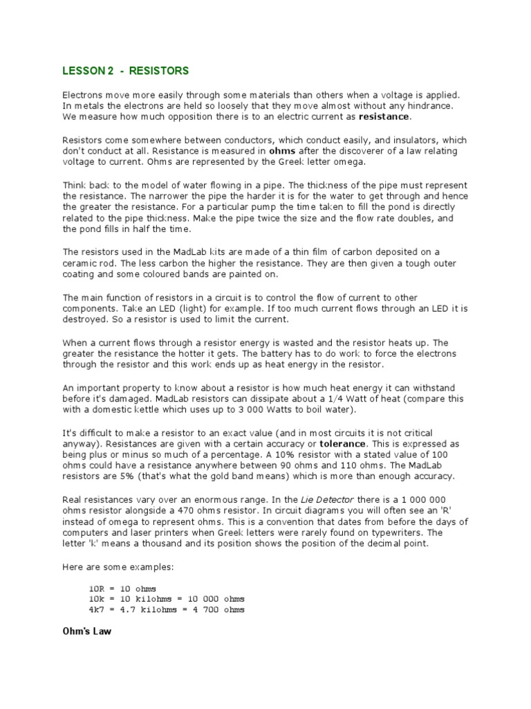 Lesson 2 Resistor Pdf Resistor Electrical Resistance And Conductance