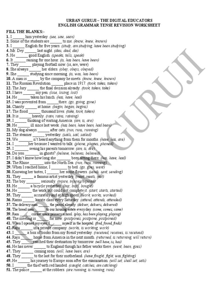Class Ix X English Grammar Tense Worksheet | PDF