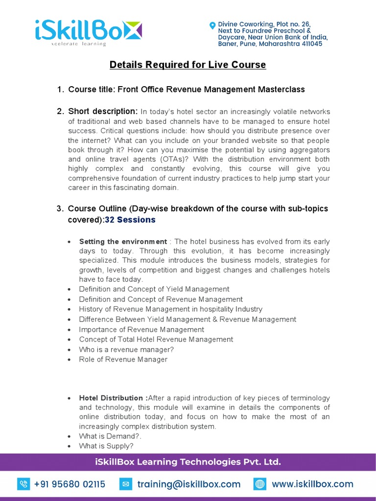Front Office Revenue Management Masterclass Live Course Form | PDF ...