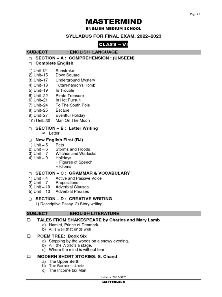 Class Vi Final Exam Syllabus 2022-2023 Utt | PDF