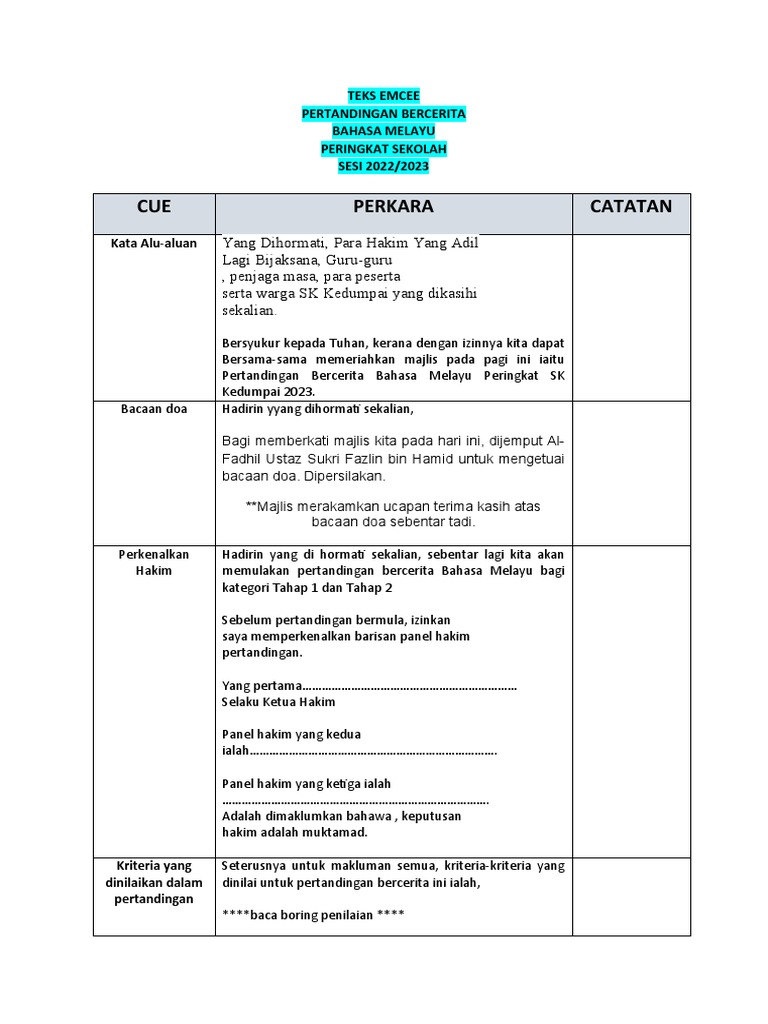 TEKS EMCEE Pertandingan Bercerita Bahasa Melayyu 20232024 | PDF