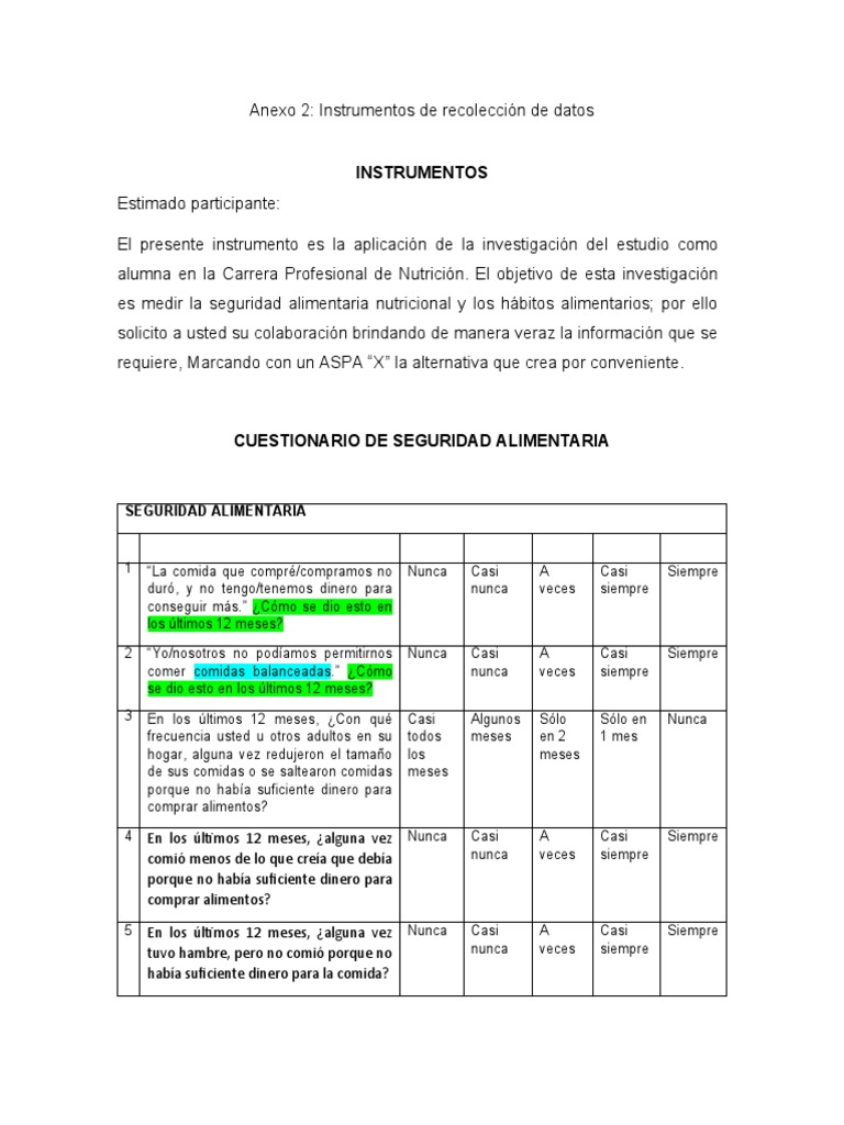 Cuestionario Seguridad Alimentaria | PDF | Alimentos | Comida y bebida