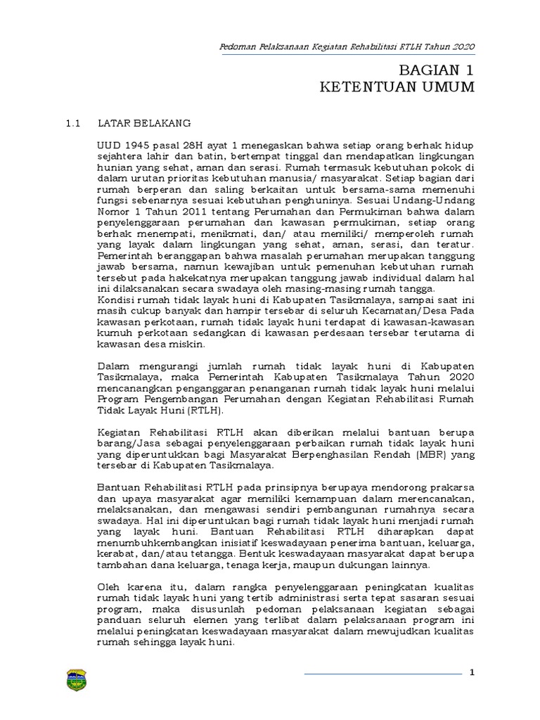 Pedoman Rehabilitasi RTLH 2020 Tasikmalaya | PDF | Griya & Taman
