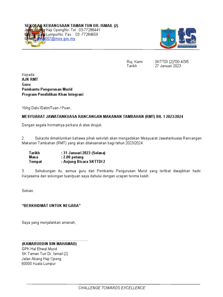 Surat Panggilan Mesyuarat RMT Kali Pertama 2023 | PDF