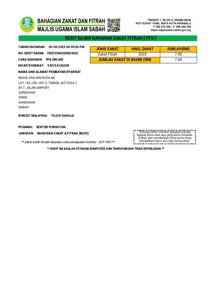 Resit Rasmi Bayaran Zakat Fitrah (FPX) | PDF