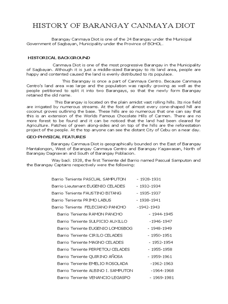 History of Barangay Canmaya Diot | PDF