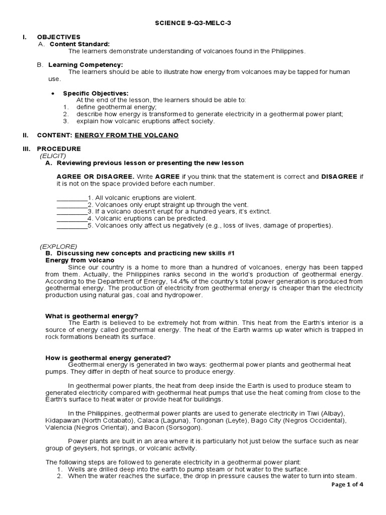 DLP Science 9 Q3 Week 3 | PDF | Volcano | Geothermal Energy