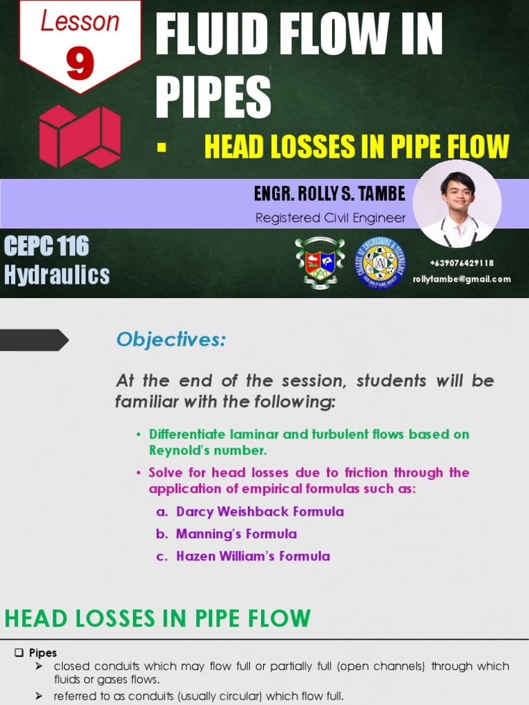 CEPC+116-+Lesson+9 Head+Losses+in+Pipe+Flow | PDF | Fluid Dynamics | Reynolds Number