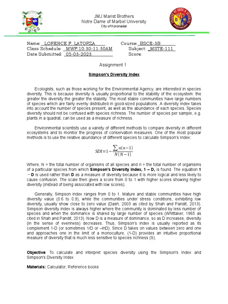 Assignment 2 Simpsons Index | PDF | Biodiversity | Systems Ecology