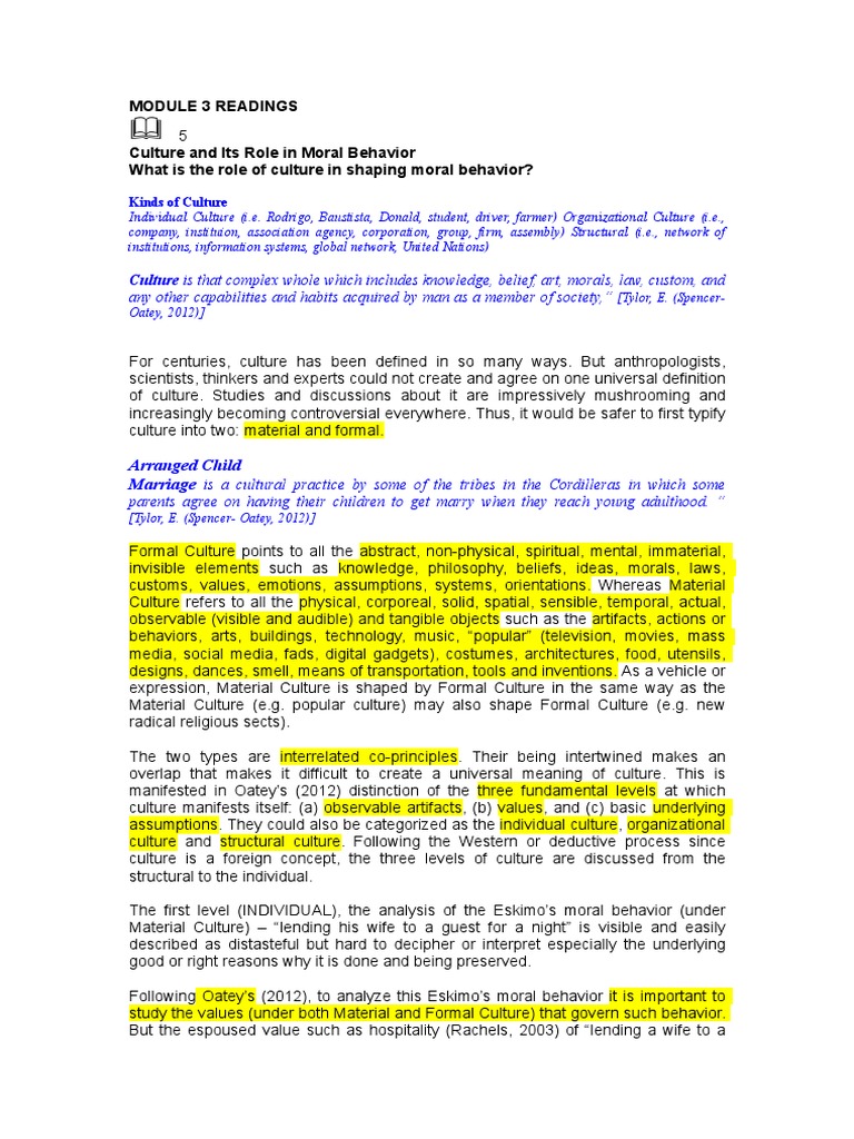 Module 3 Readings Culture and Its Role in Moral Behavior What Is The Role of Culture in Shaping ...