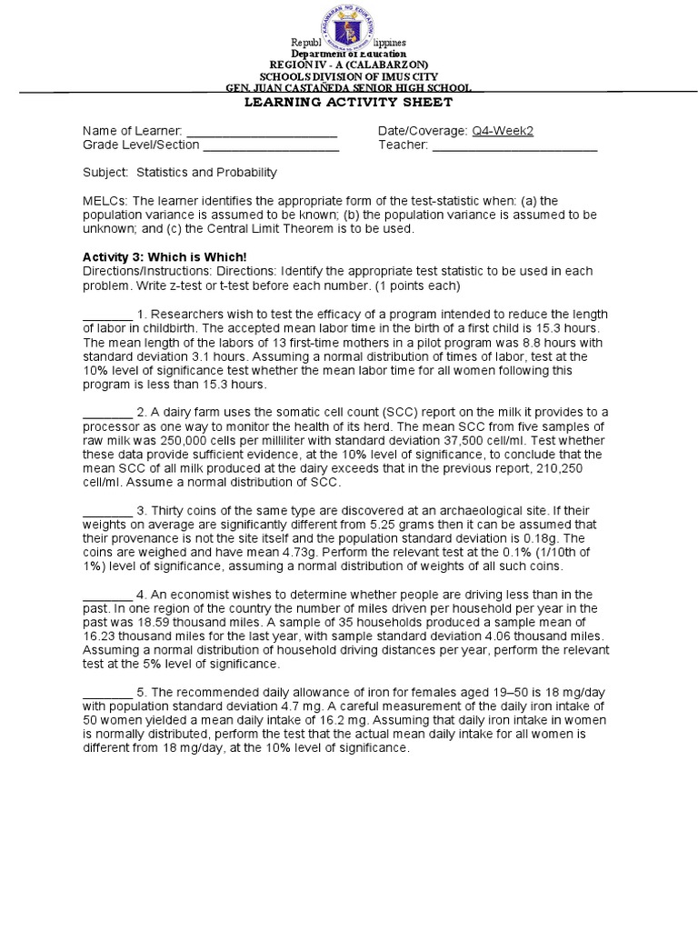Activity 3 Identifying Test Statistic | PDF