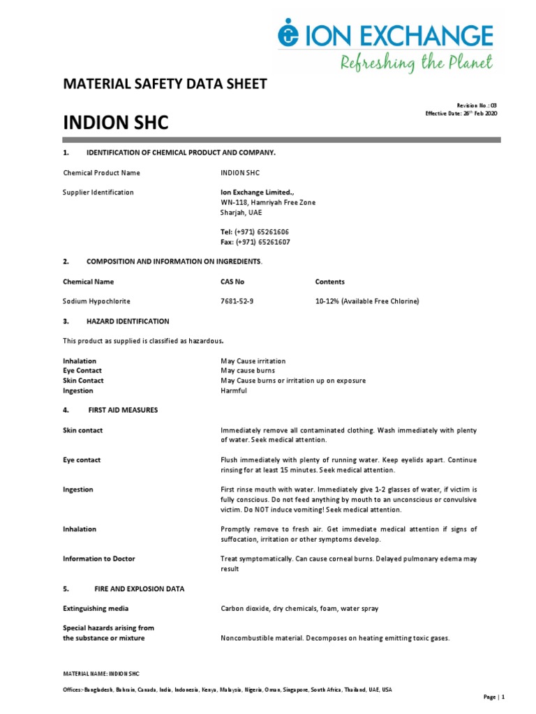 MSDS SHC | PDF | Chlorine | Water