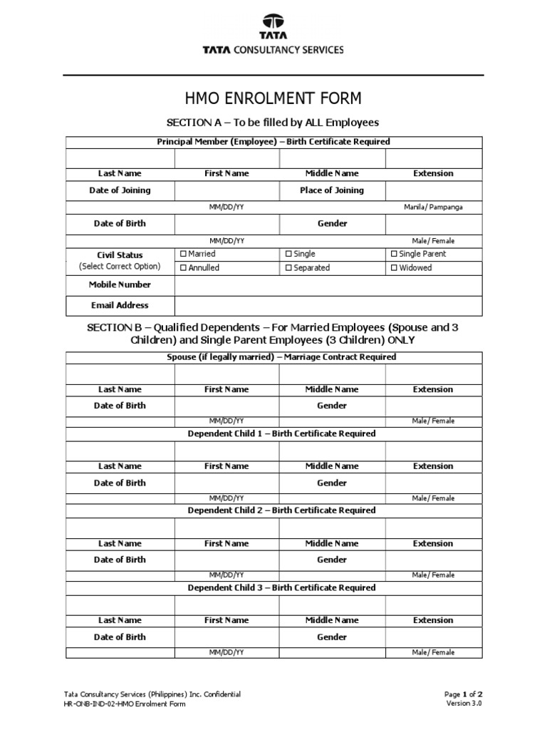HMO Enrollment Form | PDF | Birth Certificate | Social Institutions