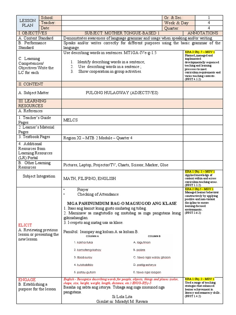 Pungway (Adjectives) LP | PDF | Curriculum | Teachers