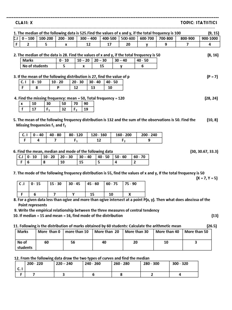 CBSE Class 10 Maths Worksheet Statistics 1 | PDF | Mean | Mode (Statistics)
