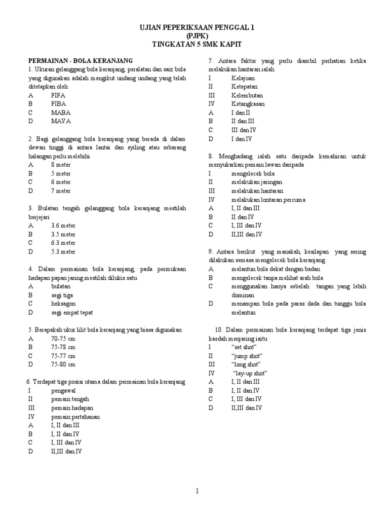 Soalan Peperiksaan PJPK T5 SMK Kapit | PDF