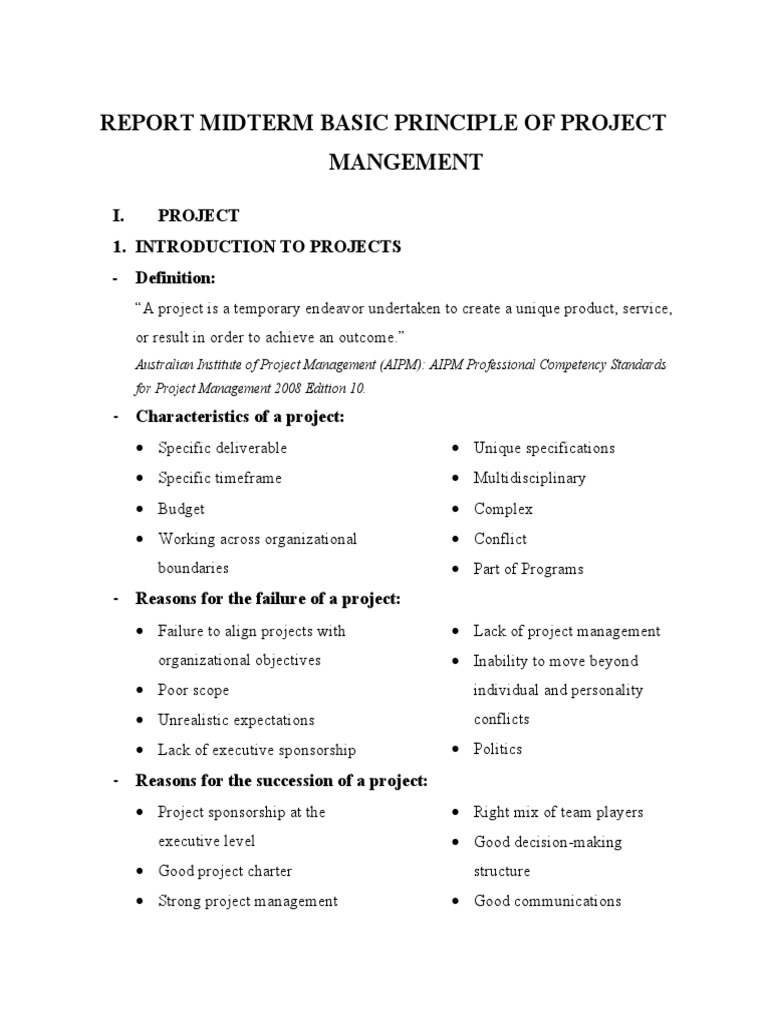 Report Midterm Basic Principle of Project Mangement: I. Project 1. Introduction To Projects ...