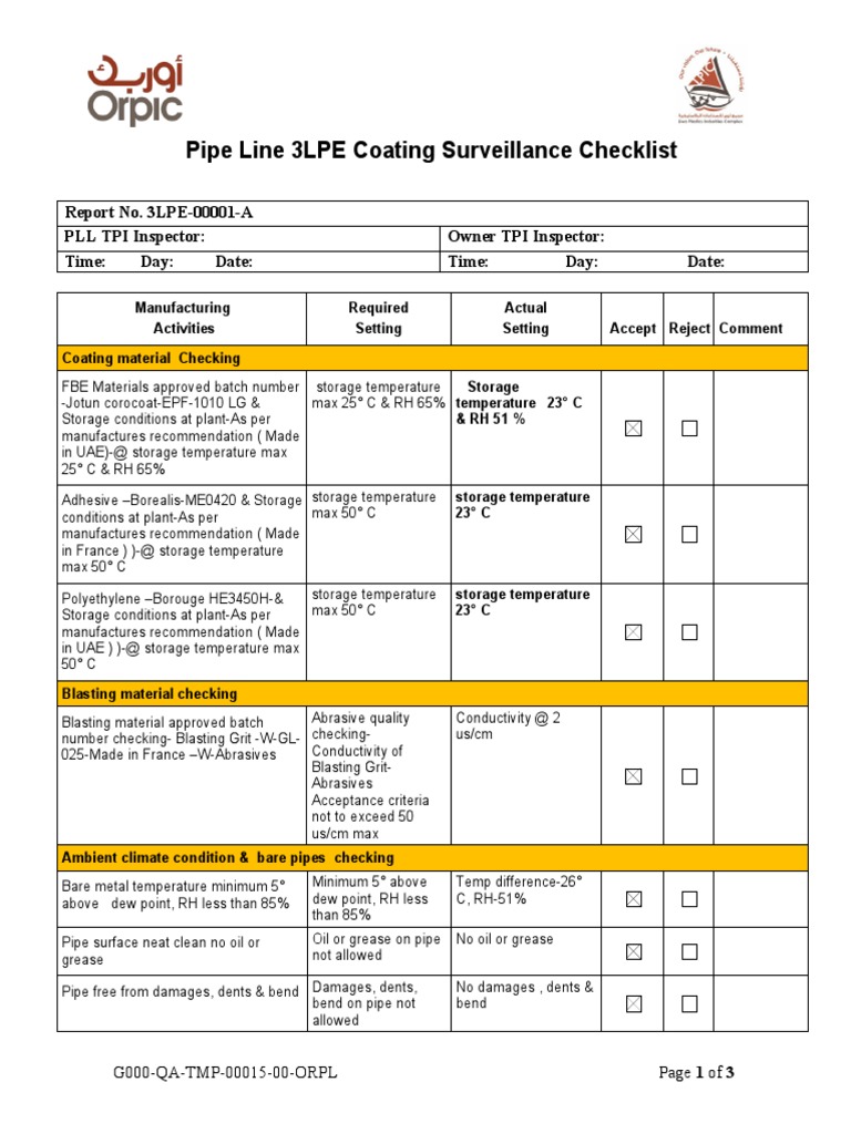 3LPE Coating Surveillance Checklist | PDF | Materials | Secondary ...