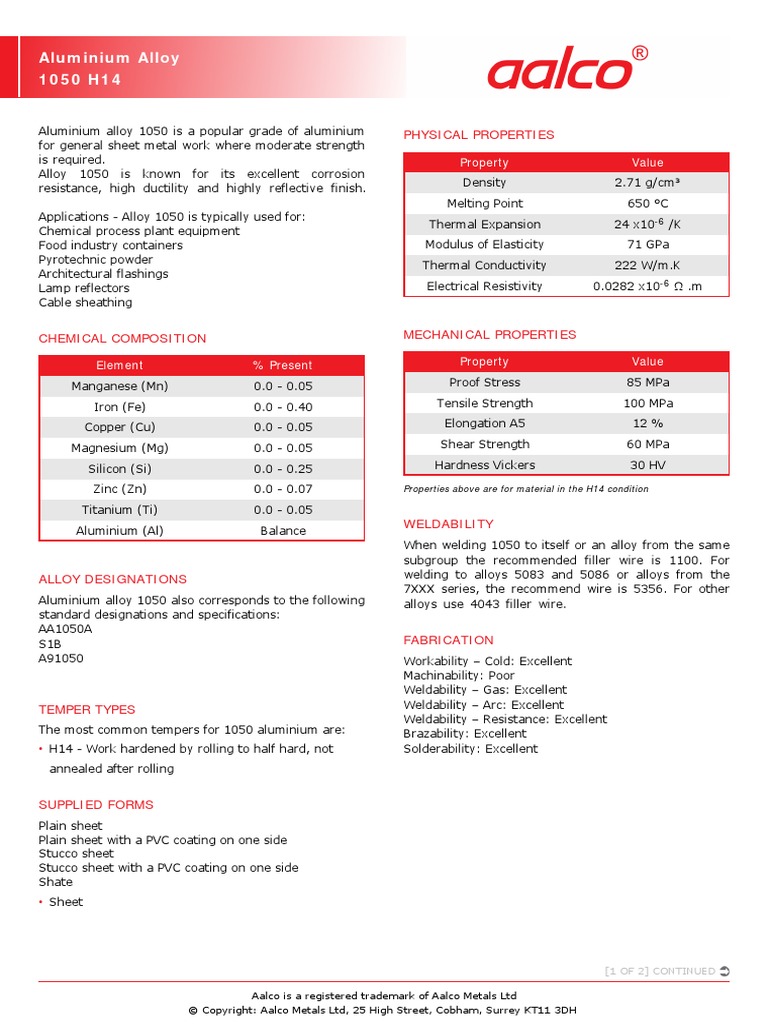 Aalco Metals LTD - Aluminium Alloy - 1050 H14 - 57 | PDF | Alloy | Titanium