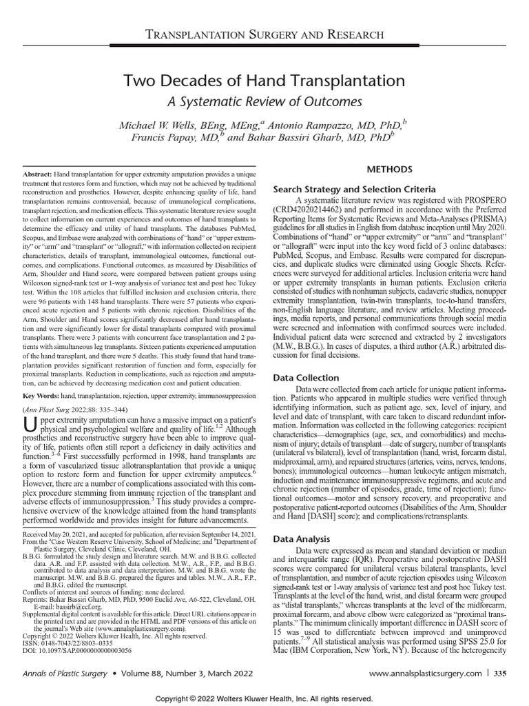 Two Decades of Hand Transplantation | PDF | Kidney Transplantation ...