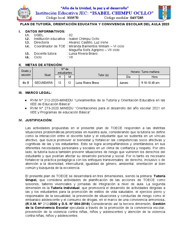 4tob - Rivera - Plan de Aula Icho 2023 - Vii Ciclo | PDF | Salón de clases | Instituciones sociales