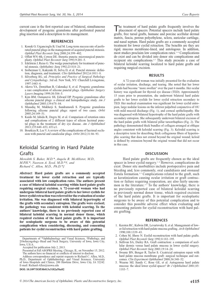 (OPTHAL PLAST RECONSTR SURG) BAKER 2014 - Keloidal Scarring in Hard Palate Grafts | PDF