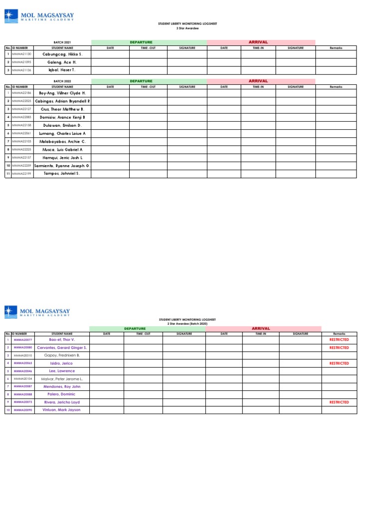 Star Cadets Liberty Logsheet | PDF