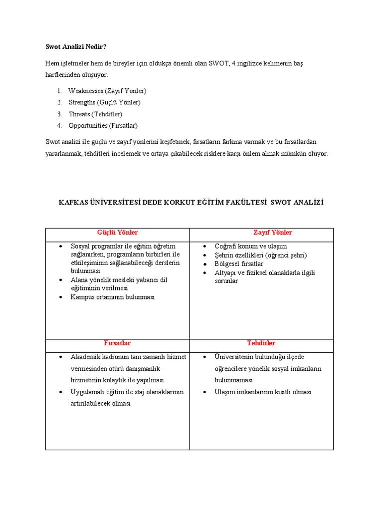 Swot Analizi Nedir?: Güçlü Yönler Zayıf Yönler | PDF