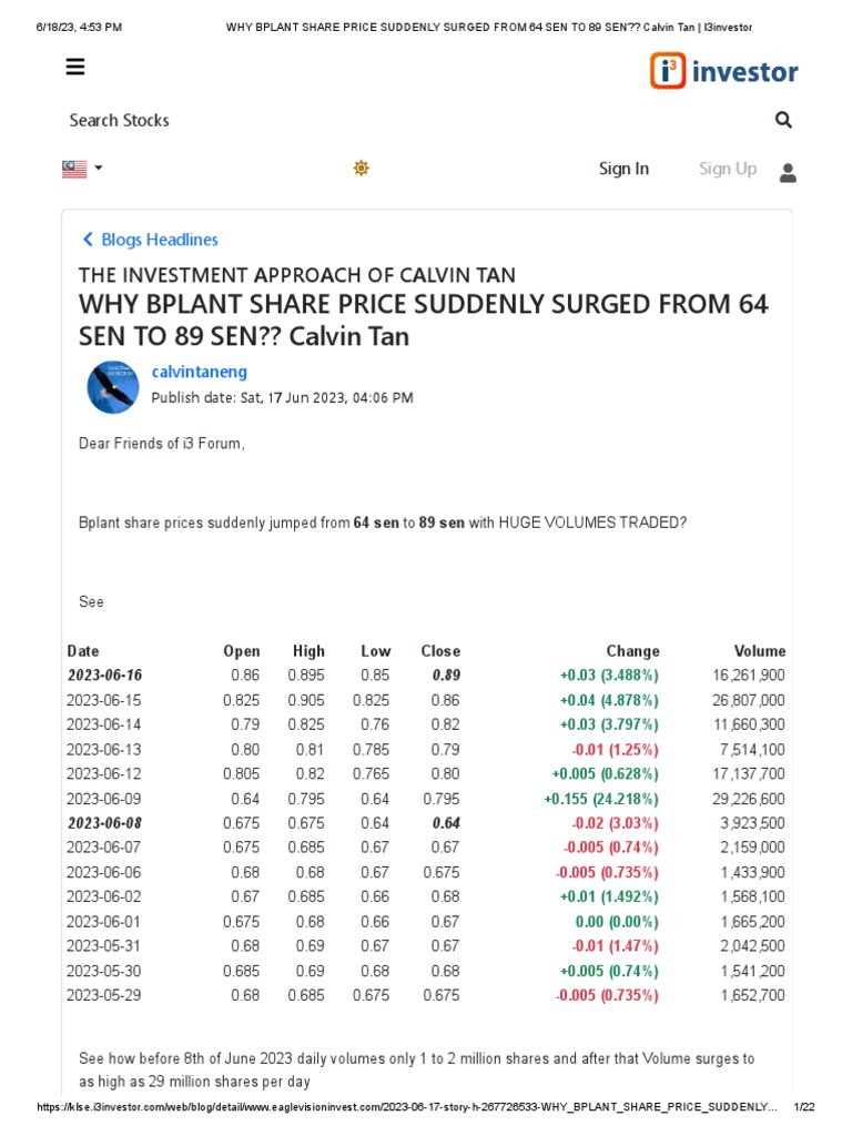 WHY BPLANT SHARE PRICE SUDDENLY SURGED FROM 64 SEN TO 89 SEN - Calvin ...