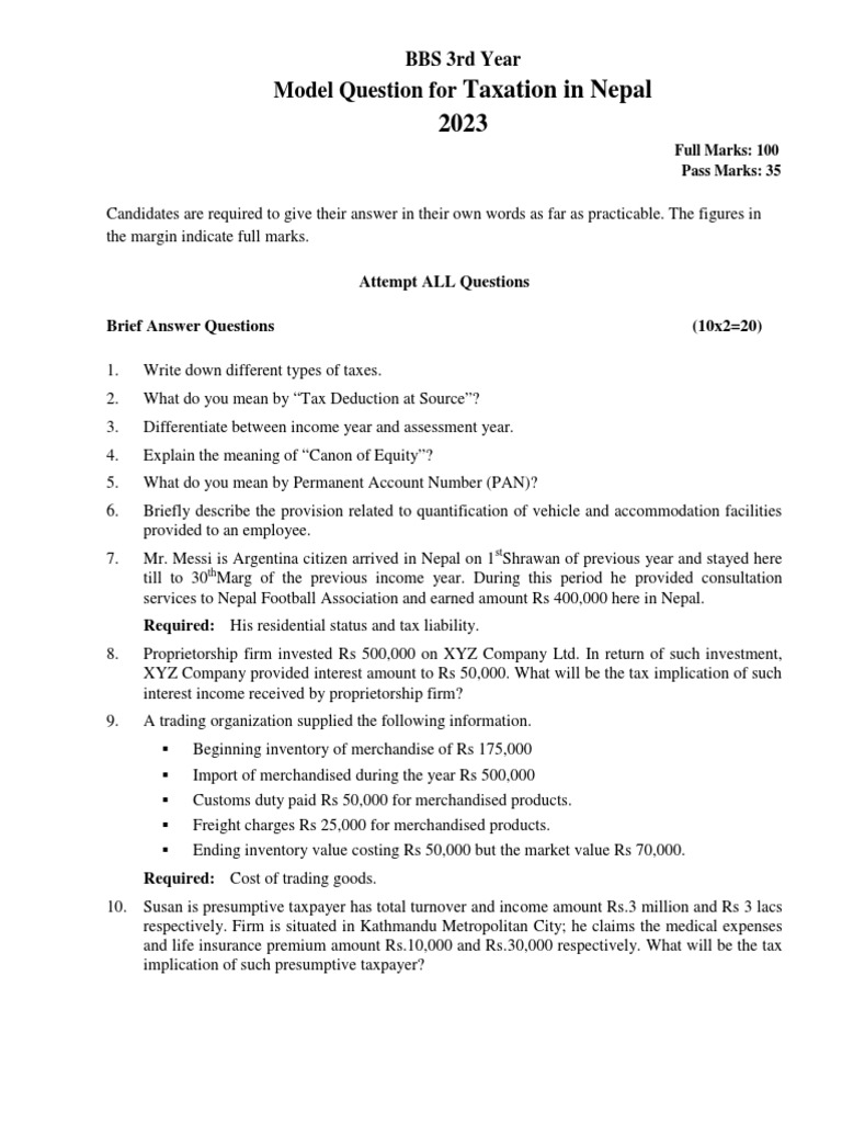 Model Question BBS 3rd Taxation in Nepal | PDF | Expense | Income